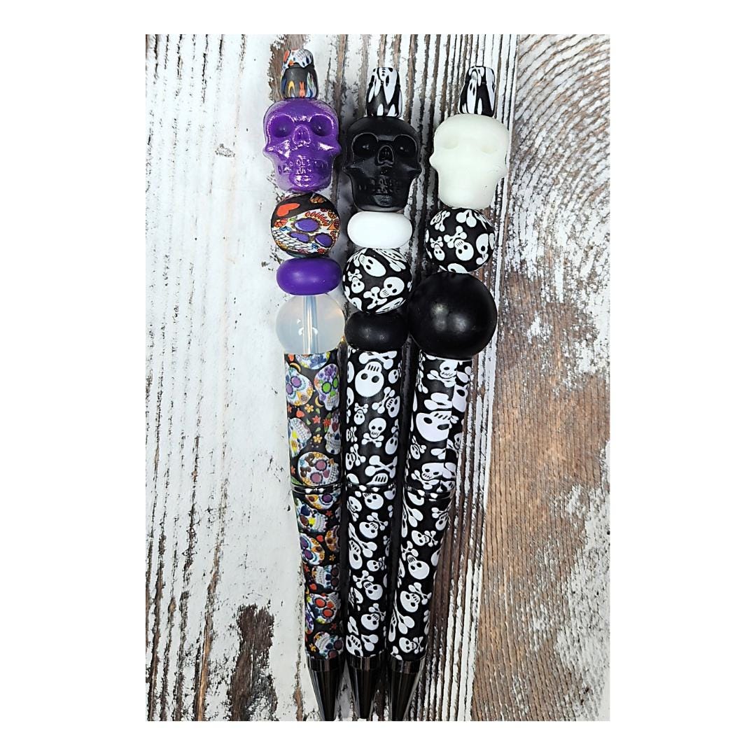 Sugar Skull Beaded Pen, Skull Pen, Glow In The Dark Skull Pen, Spooky ...